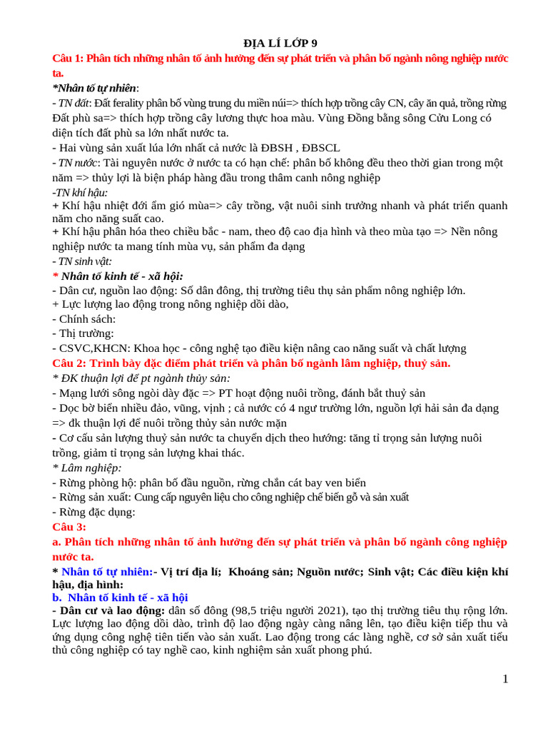 Ôn Tập CK1 Địa Lí Lớp 9 2425 | PDF