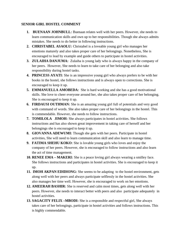 Senior Girl Hostel Comment | PDF | Psychology | Behavioural Sciences