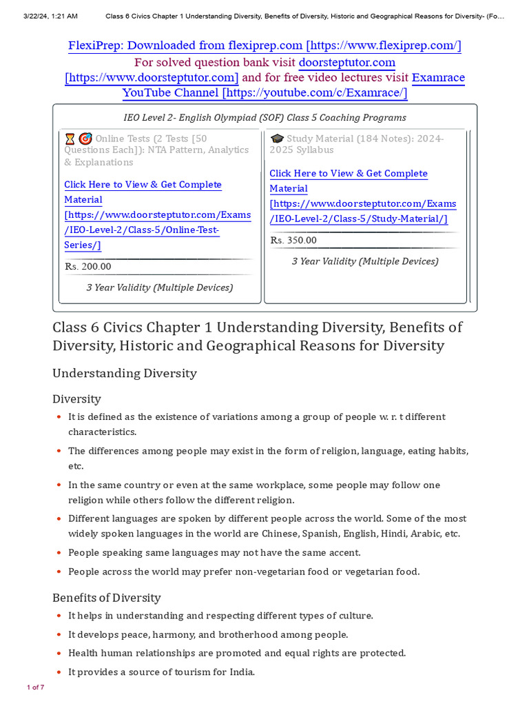 Class 6 Civics Chapter 1 Understanding Diversity | PDF | Family | Kerala
