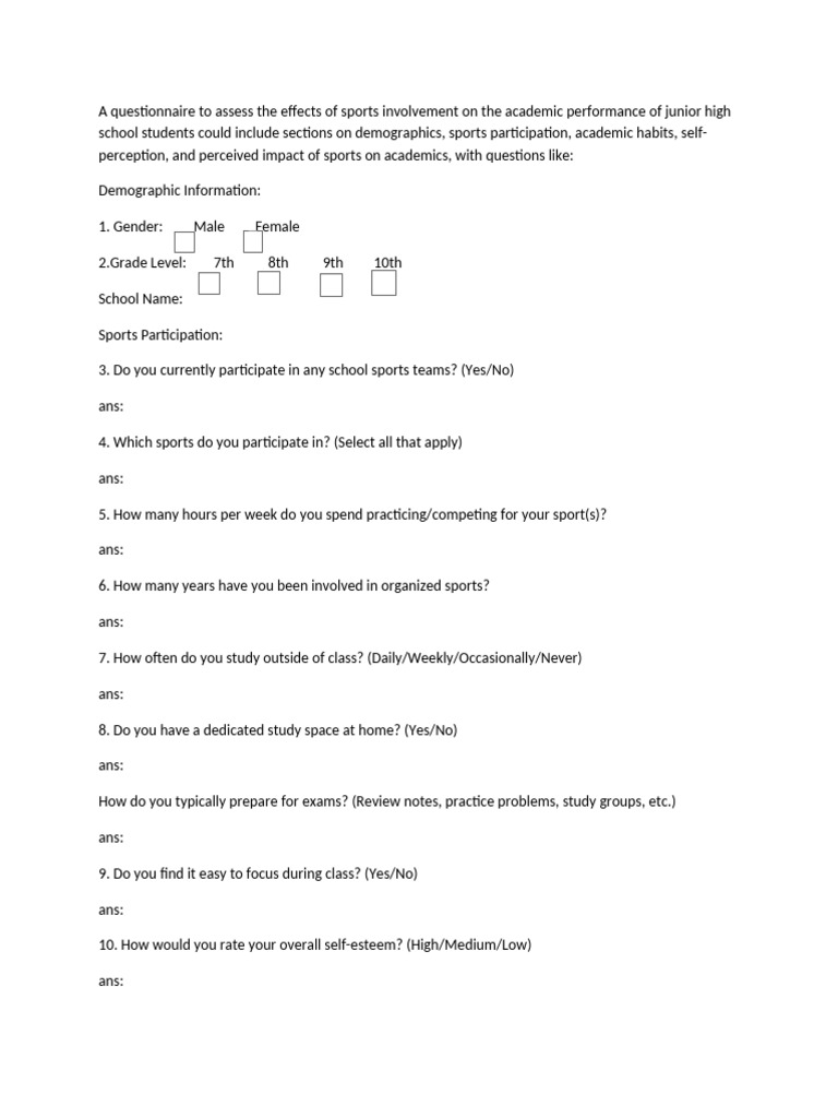 Junior High Sports & Academics Survey | PDF