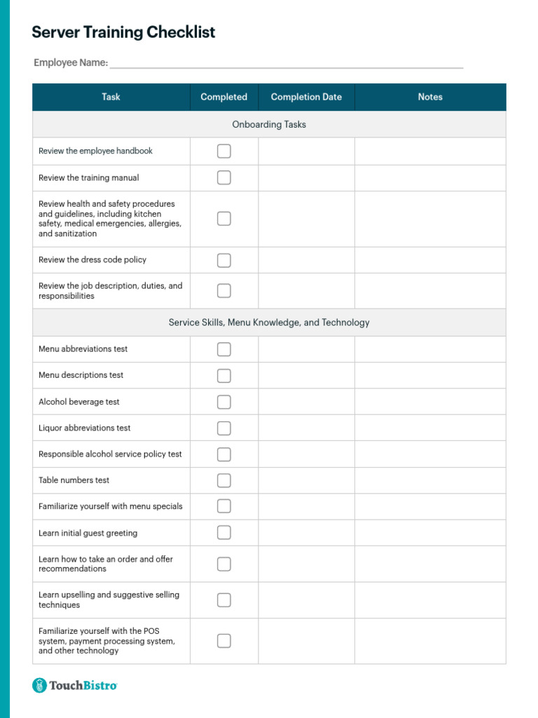 Server Training Checklist | PDF