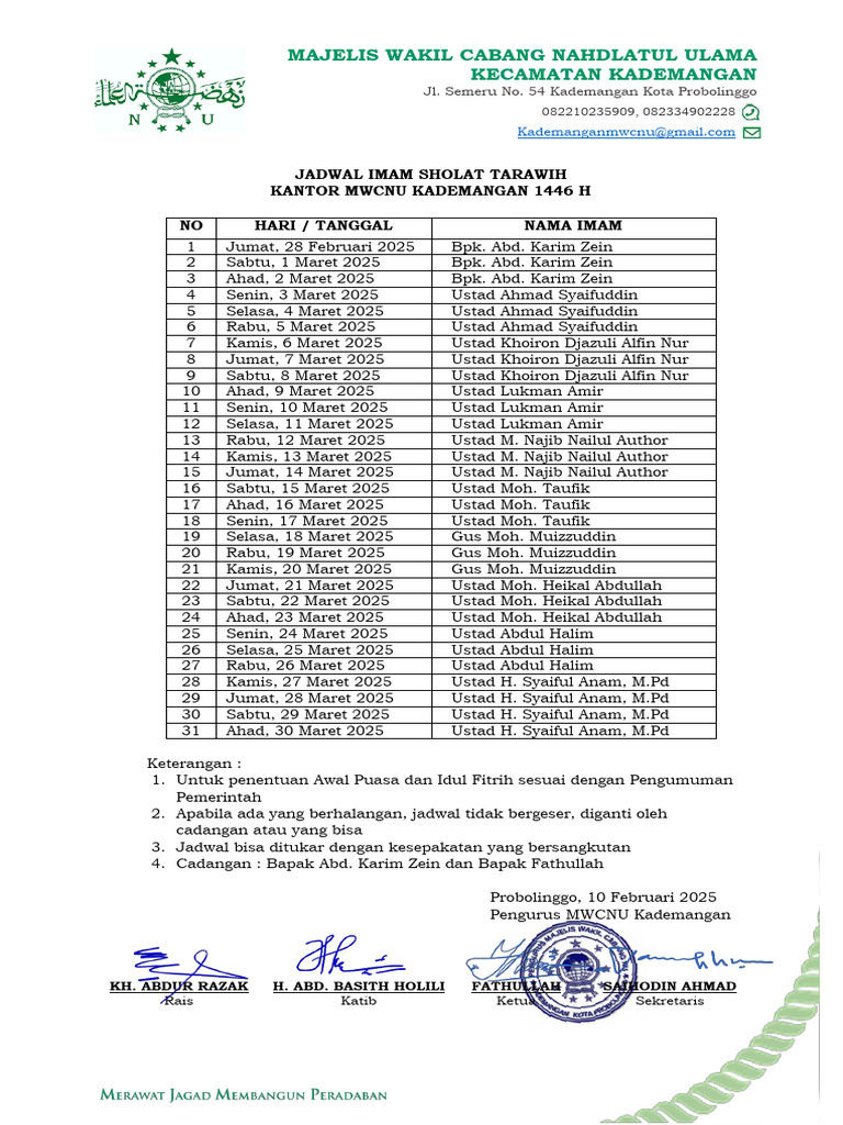Jadwal Imam Sholat Tarawih | PDF