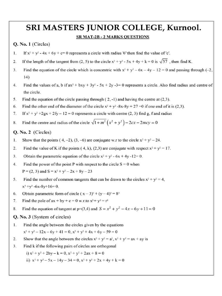 Sr. Maths - 2B - Important Qtns List | PDF