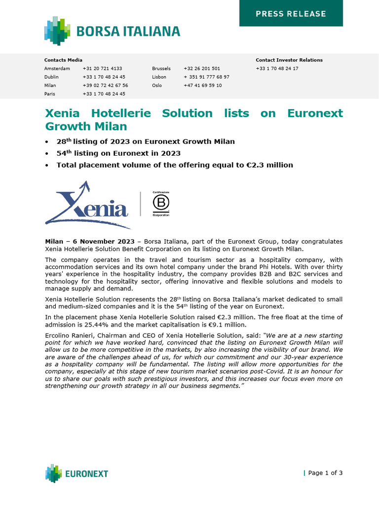 Xenia Hotellerie Solution Lists On Euronext Growth Milan - 0 | PDF | Business | Private Sector