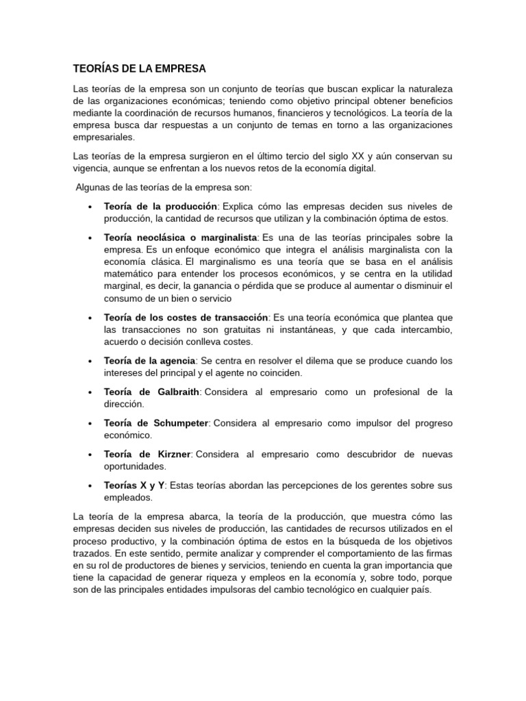 TEORIAS DE LA EMPRESA-TEORIAS DE LA EMPRESARIALIDAD | PDF | Business | Institución