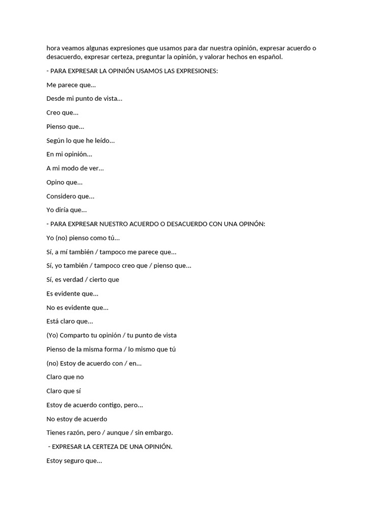 Expresiones para dar opiniones en español | PDF