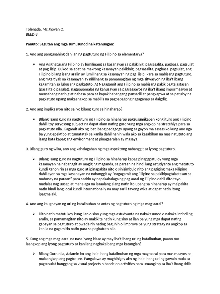 Tolenada EEDM11-Pagtuturo NG Filipino Sa Elem..II | PDF