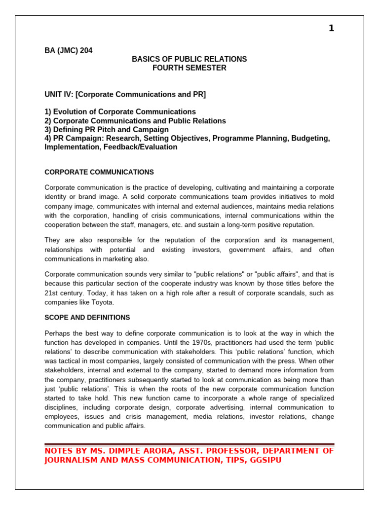 PR Notes - UNIT IV BY MS.DIMPLE ARORA | PDF | Public Relations | Marketing