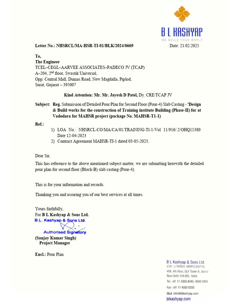 Submission of Detailed Pour Plan For Second Floor (Pour-4) Slab Casting | PDF