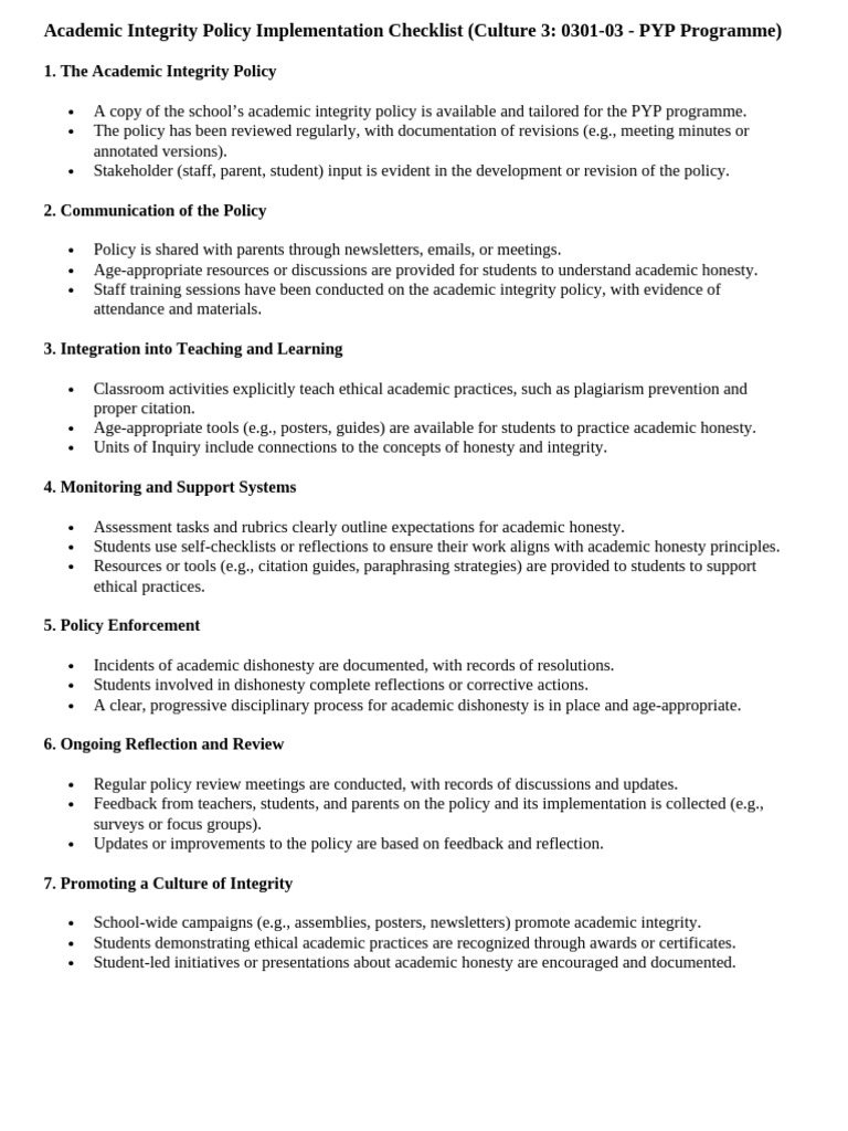 Academic Integrity Policy Implementation Checklist | PDF | Academic ...