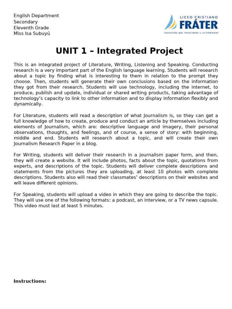 Unit 1 - Integrated Project - 11th Grade (Corrected) | PDF | Academic ...