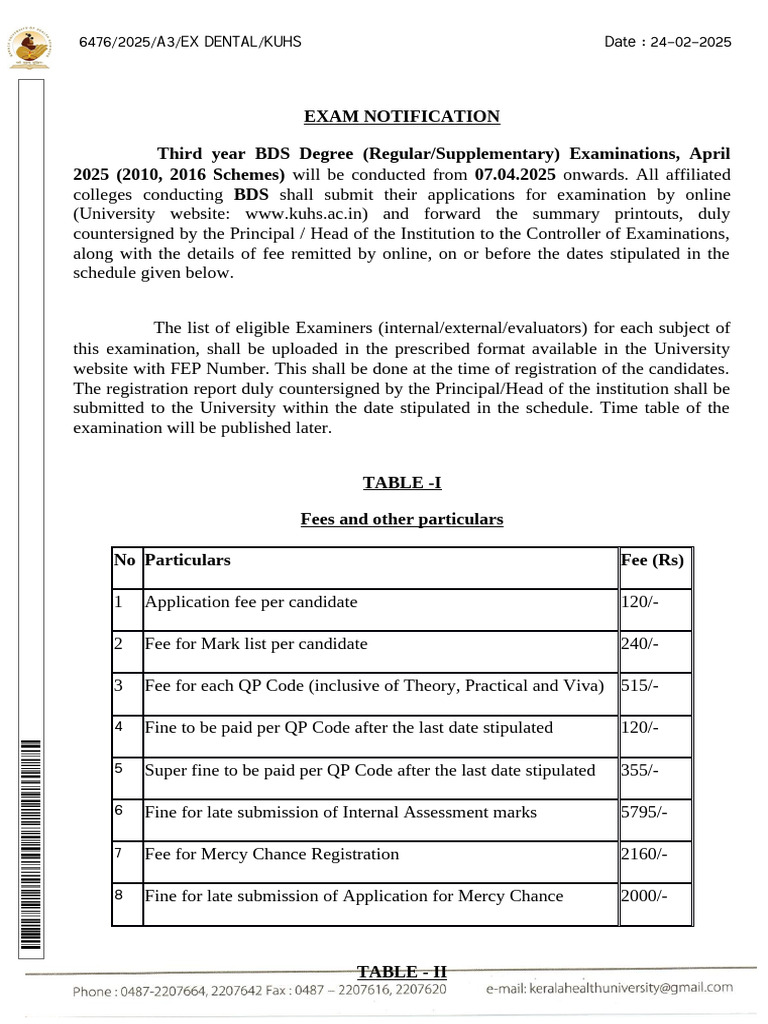 KUHS BDS Third Year Exam Notification 2025 | PDF | Dental Degree