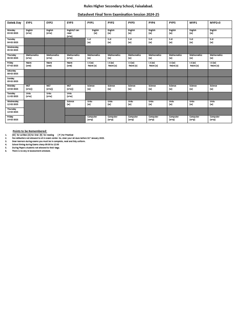 Final Term Exam Schedule 2024-25 | PDF