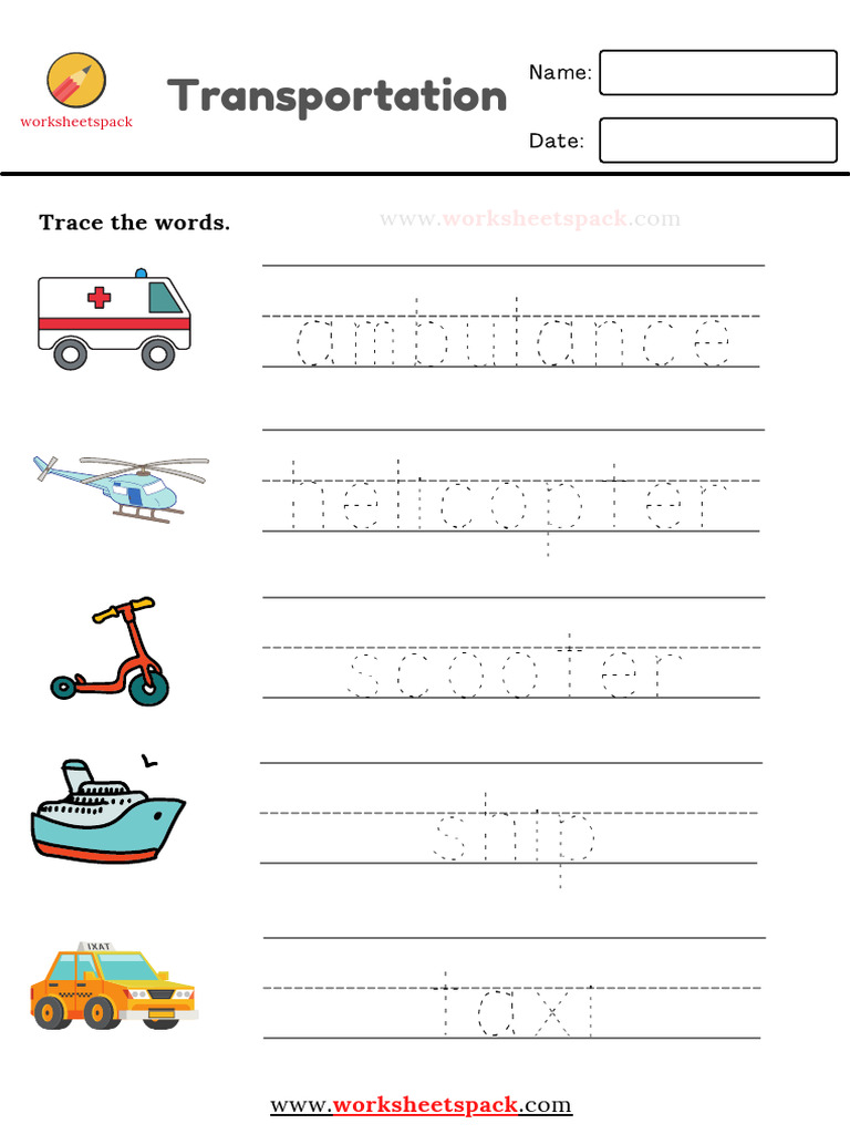 Transportation Words Tracing Worksheets 1 | PDF