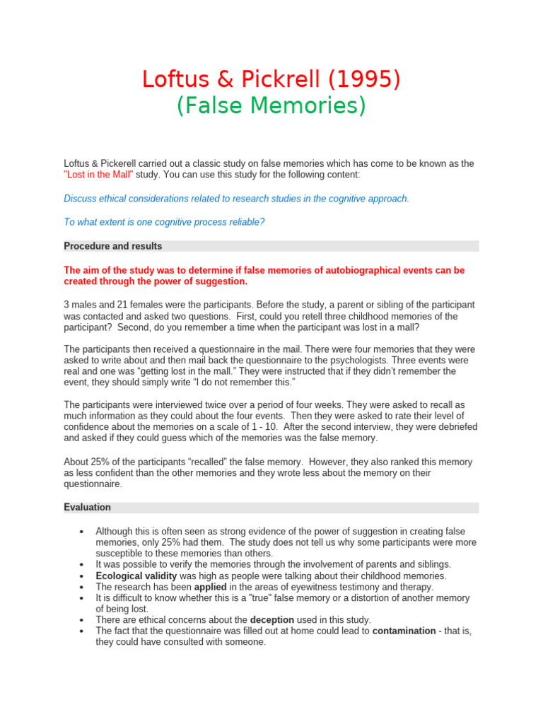 Loftus & Pickrell's Lost in the Mall Study | PDF | Memory | Neuroscience