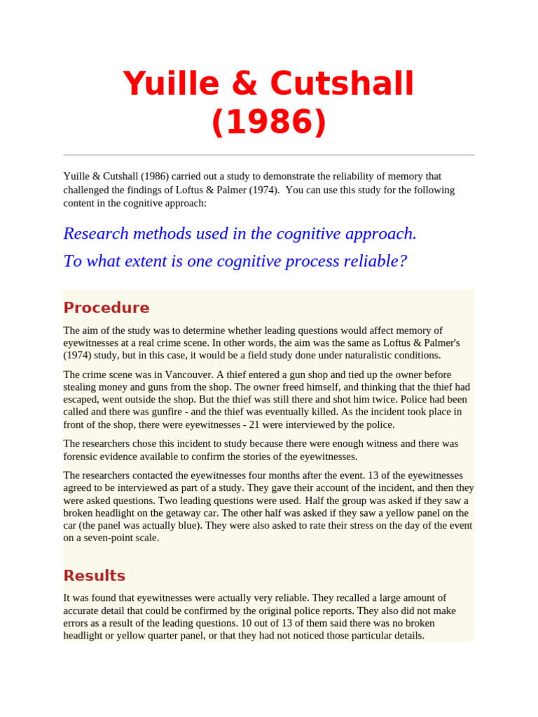 Yuille & Cutshall Eyewitness Study Analysis | PDF | Neuroscience ...