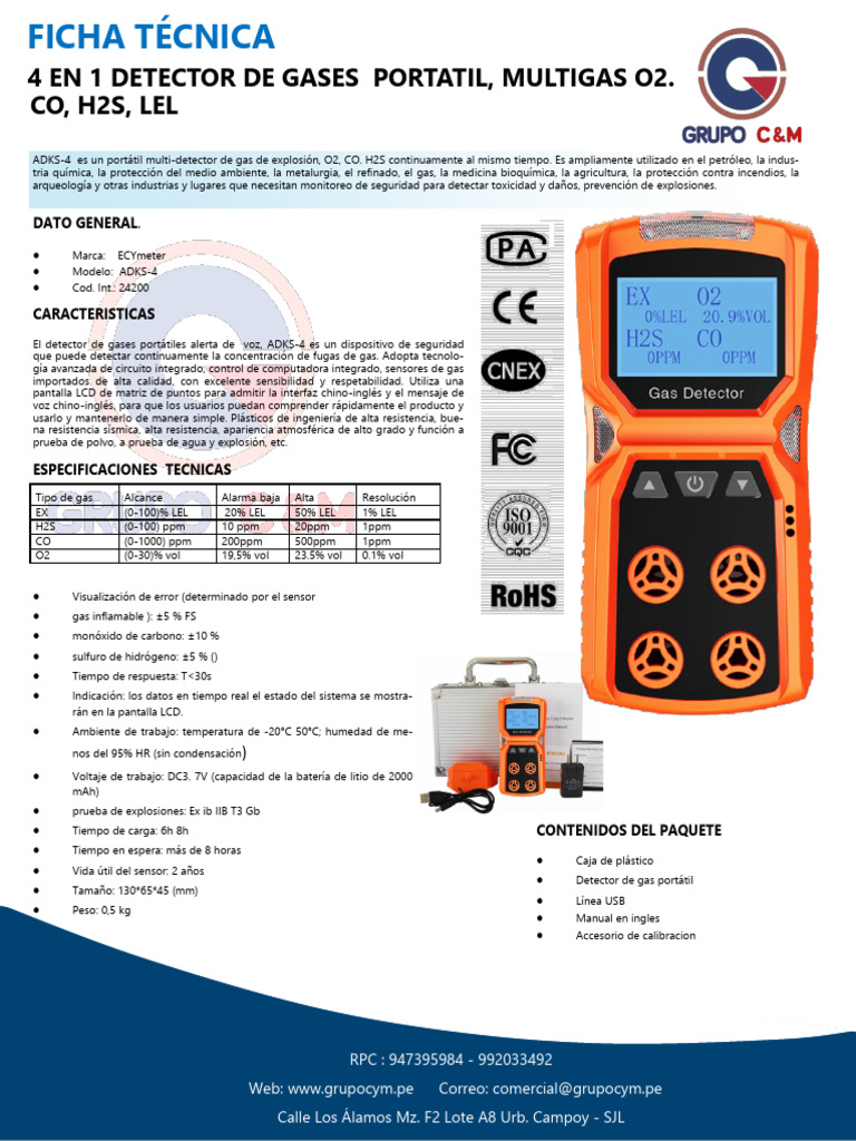 Ficha Tecnica 4 en 1 Detector de Gases Portatil, Multigas O2. Co, H2S, Lel Adks 4 | PDF ...