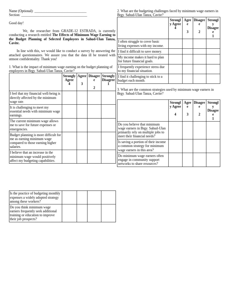 SURVEY QUESTIONNAIRE | PDF | Minimum Wage | Wage