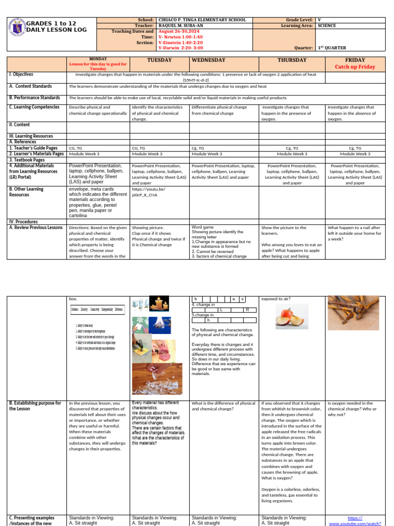 Daily Science Lesson Plan for Grade 5 | PDF | Chemical Substances | Oxygen
