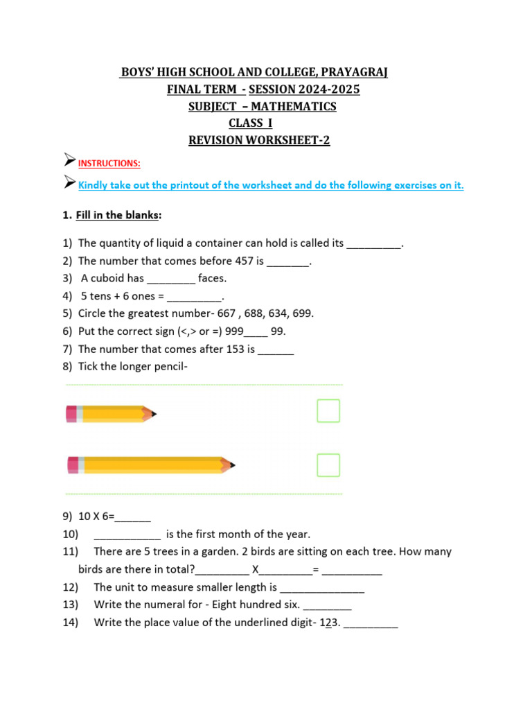 Class 1-Revision Maths Worksheet 2 | PDF | Mathematics