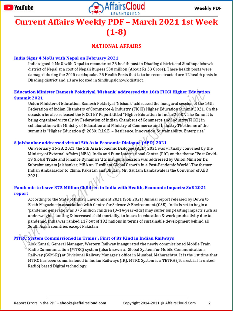 Current - Affairs - Weekly - Study - PDF - March - 2021 - 1st - Week ...