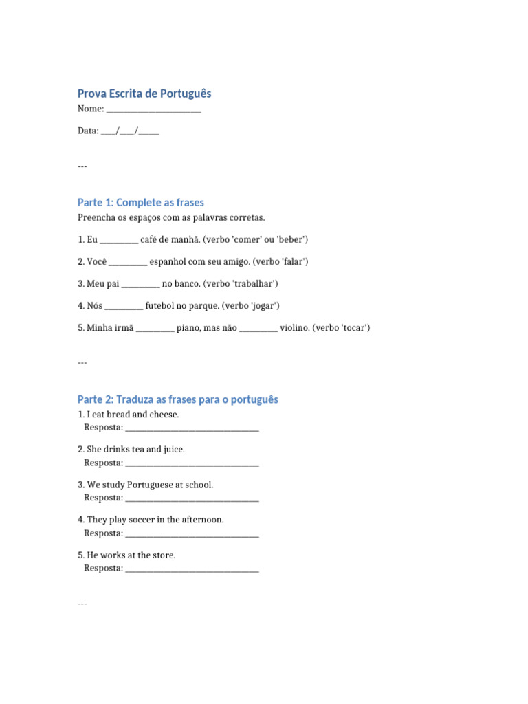 Prova de Português: Exercícios Práticos | PDF