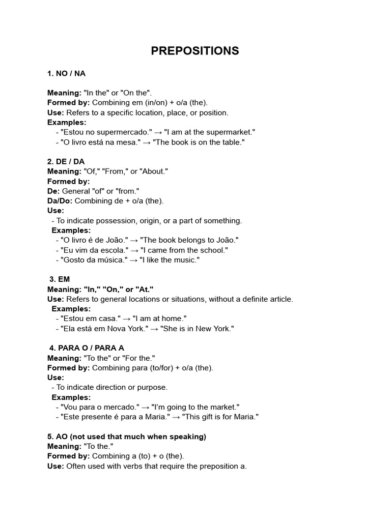 Portuguese Prepositions Explained | PDF