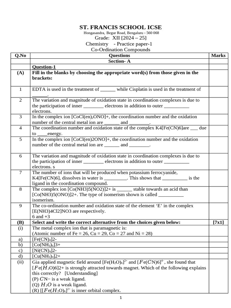 Co-Ordination Compounds - Practice Paper | PDF | Coordination Complex ...