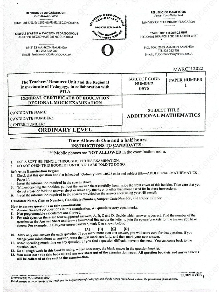 Ol NW Mock 2022 A MTHS 11 | PDF