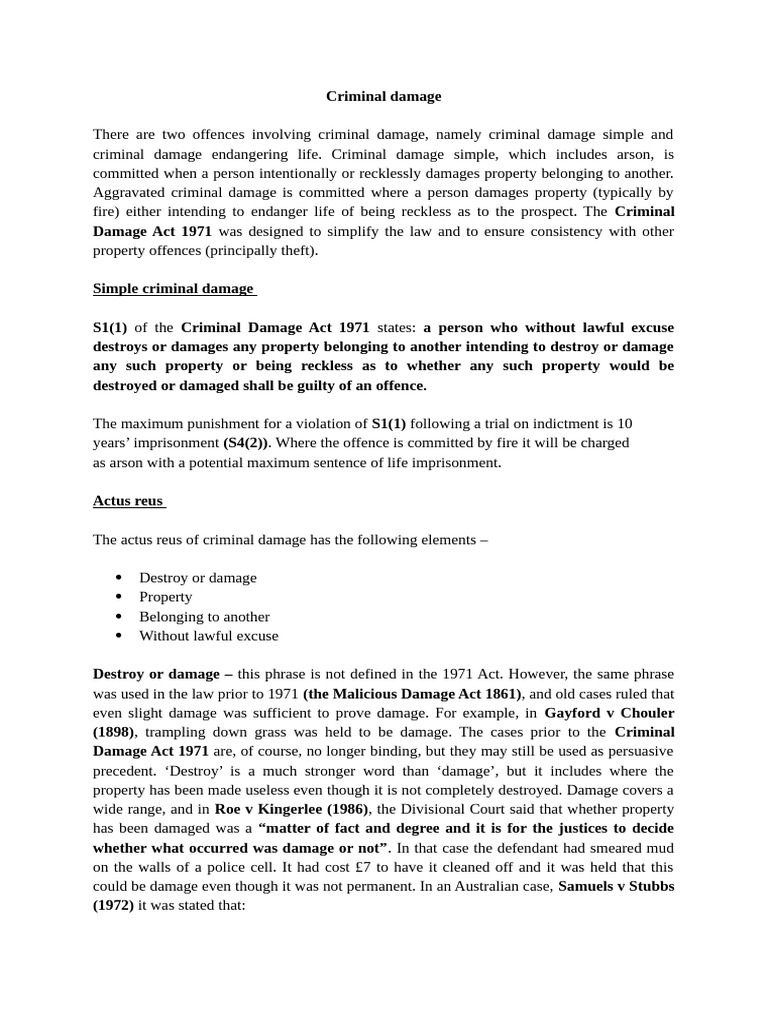 Criminal Damage | PDF | Recklessness (Law) | Mens Rea