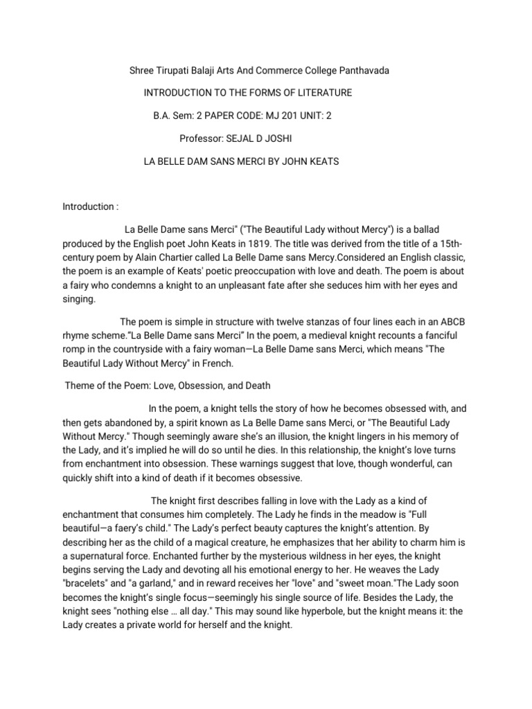 Analysis of La Belle Dame sans Merci | PDF | Poetry