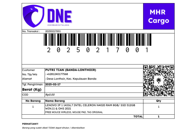TRANSAKSI - MOVA STORE - DNe - RESI PENGIRIMAN | PDF