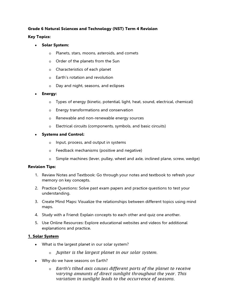 Grade 6 NST Term 4 Revision 2 | PDF | Planets | Moon