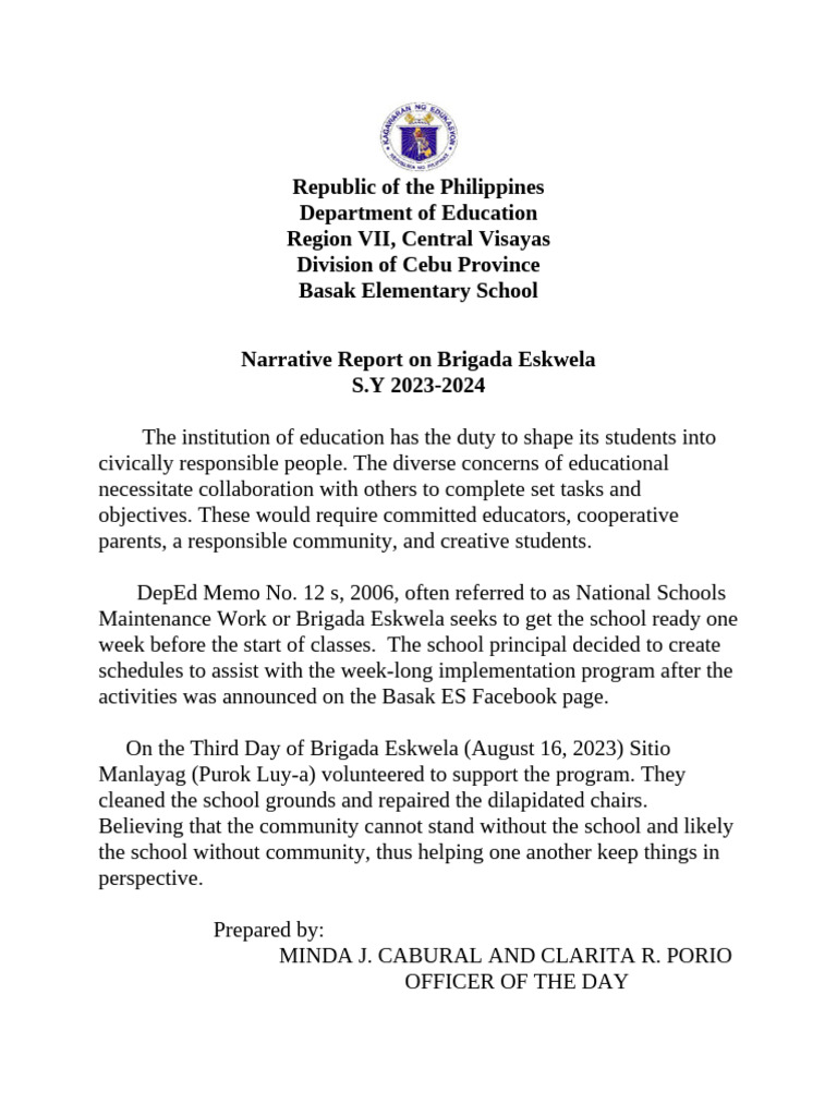 Narrative Report Brigada Eskwela | PDF