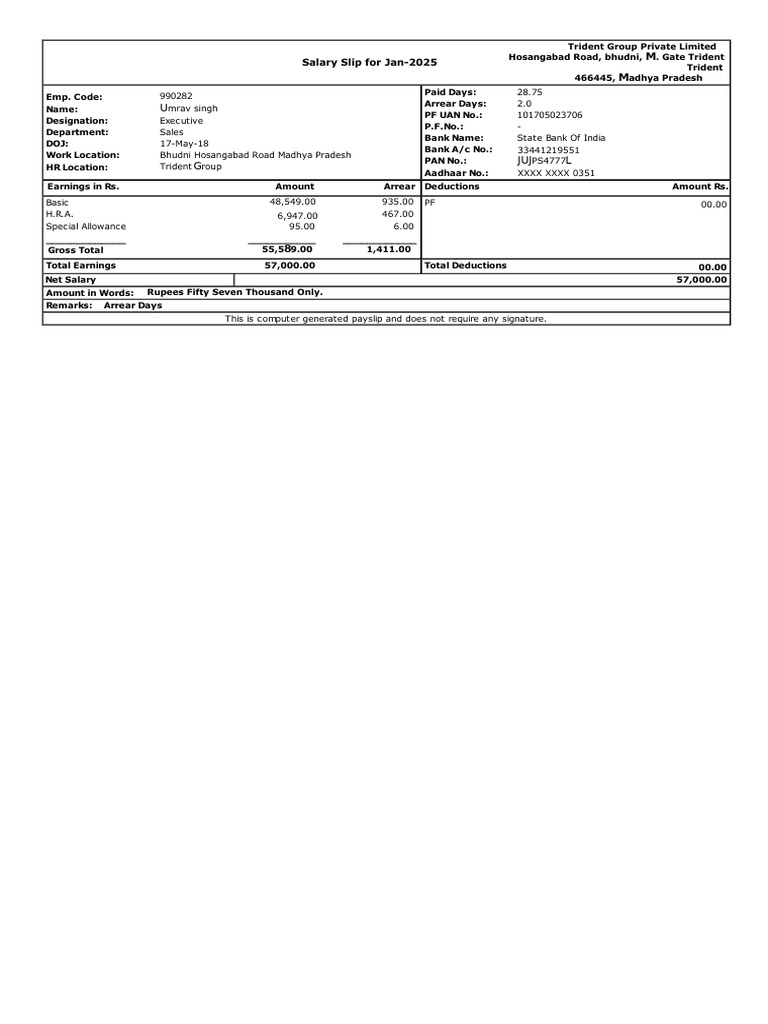 9826449600-Trident - Wage Slip-Jan | PDF | Labor Relations | Government ...