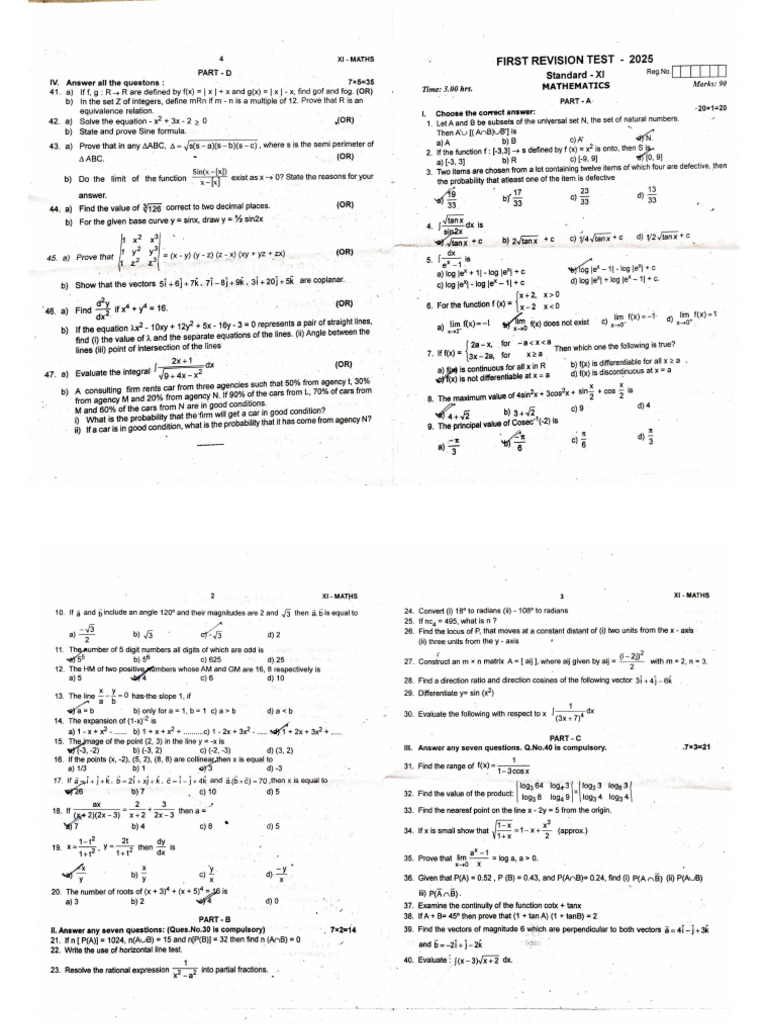 11th Maths 1st Revision Exam 2025 Original Question Paper With Answer ...