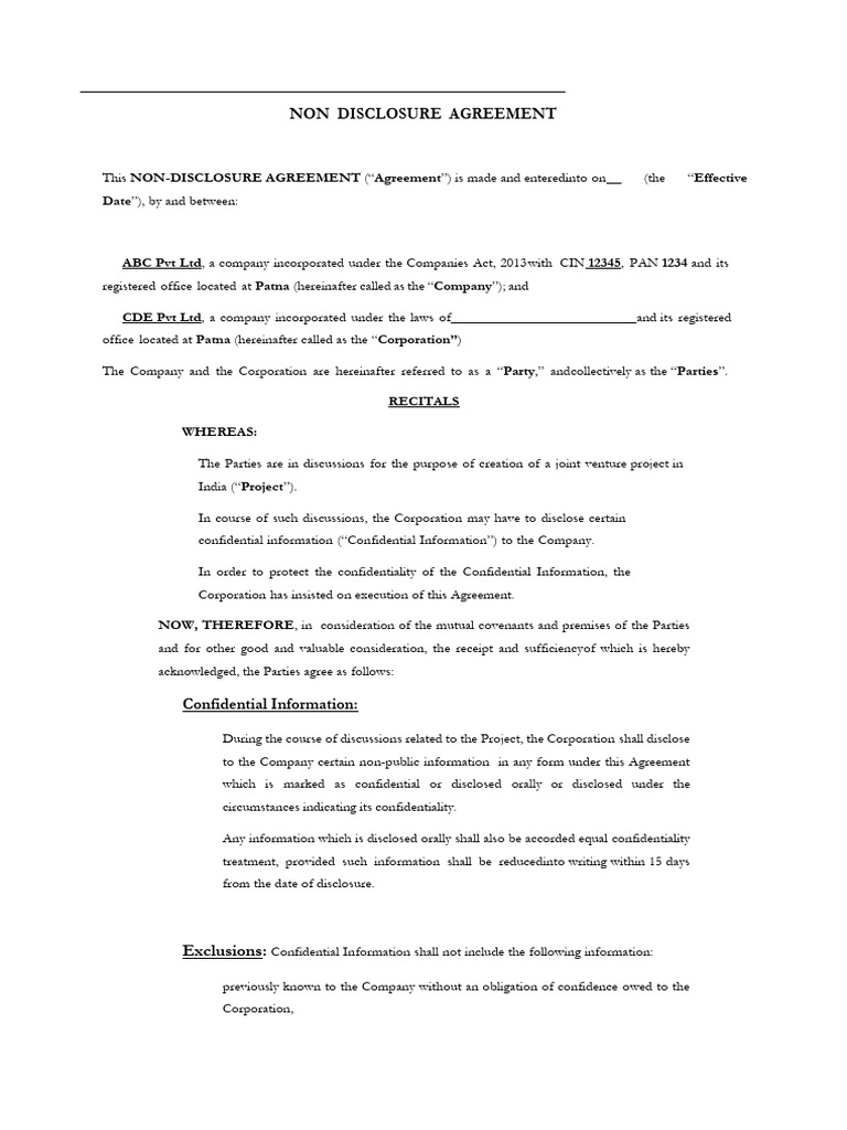 NDA Sample | PDF | Non Disclosure Agreement | Indemnity