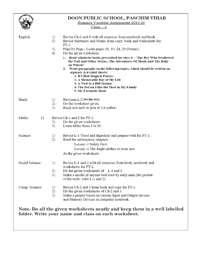 Class 4 Summer Vacation Assignment | PDF