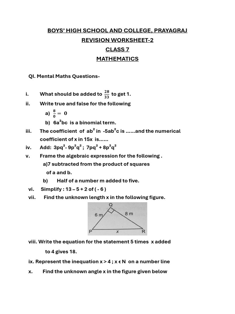 Class7 Mathematics Worksheet2 | PDF | Area | Numbers