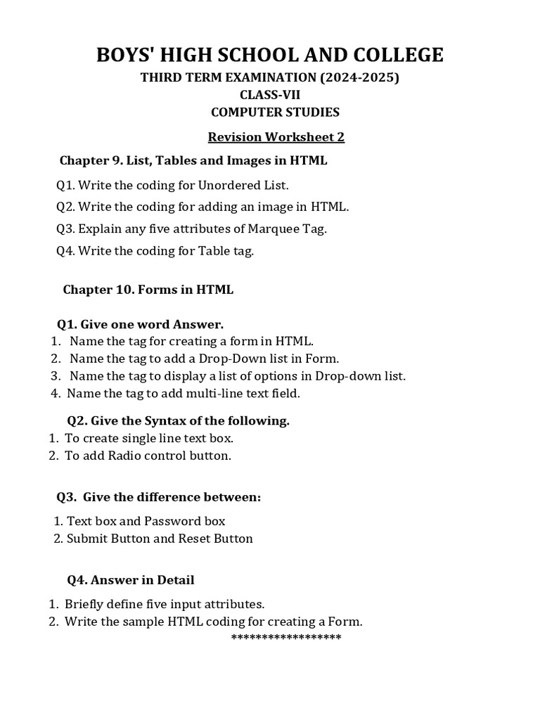 Revision Worksheet 2 Cl 7 Computer | PDF