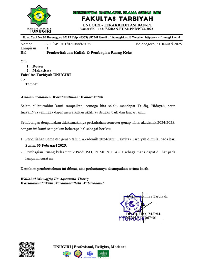 280 - Surat Pemberitahuan Masuk Kuliah & Pembagian Ruang kelas Fakultas ...