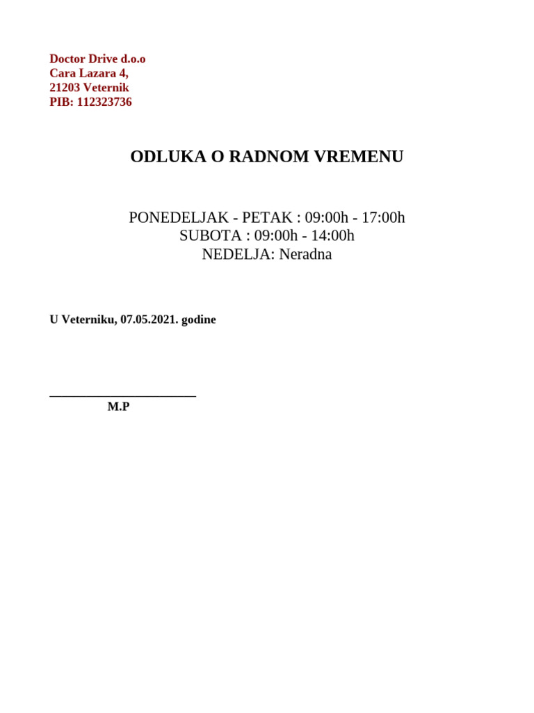 Odluka o Radnom Vremenu | PDF