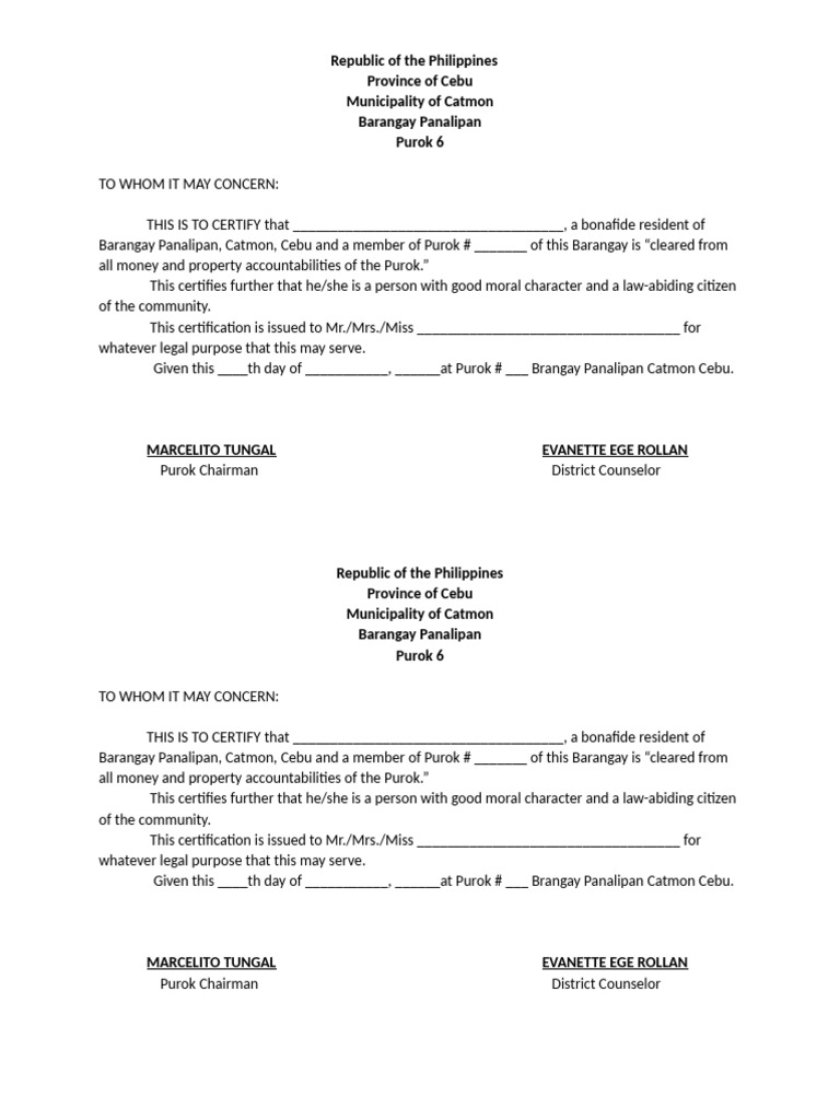 Purok Clearance Certificate Sample | PDF
