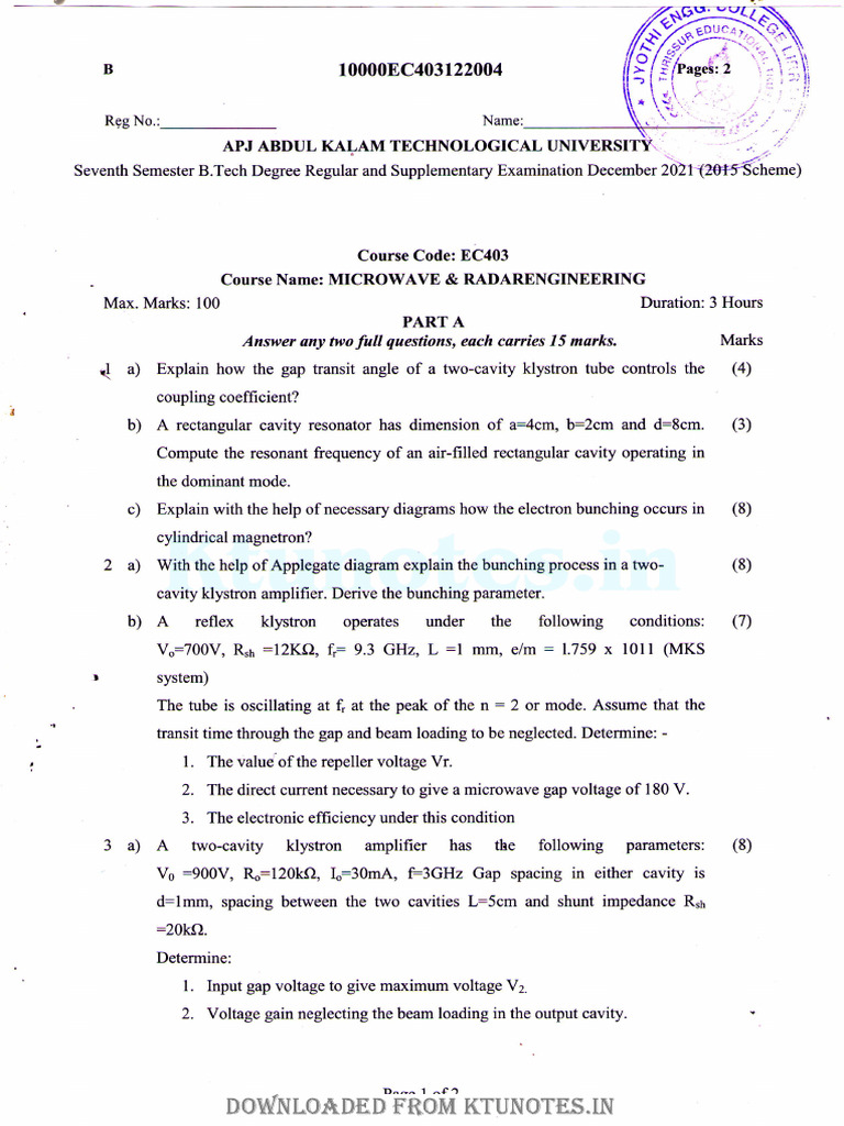 Ec403 Microwave & Radar Engineering, December 2021 | PDF | Microwave ...