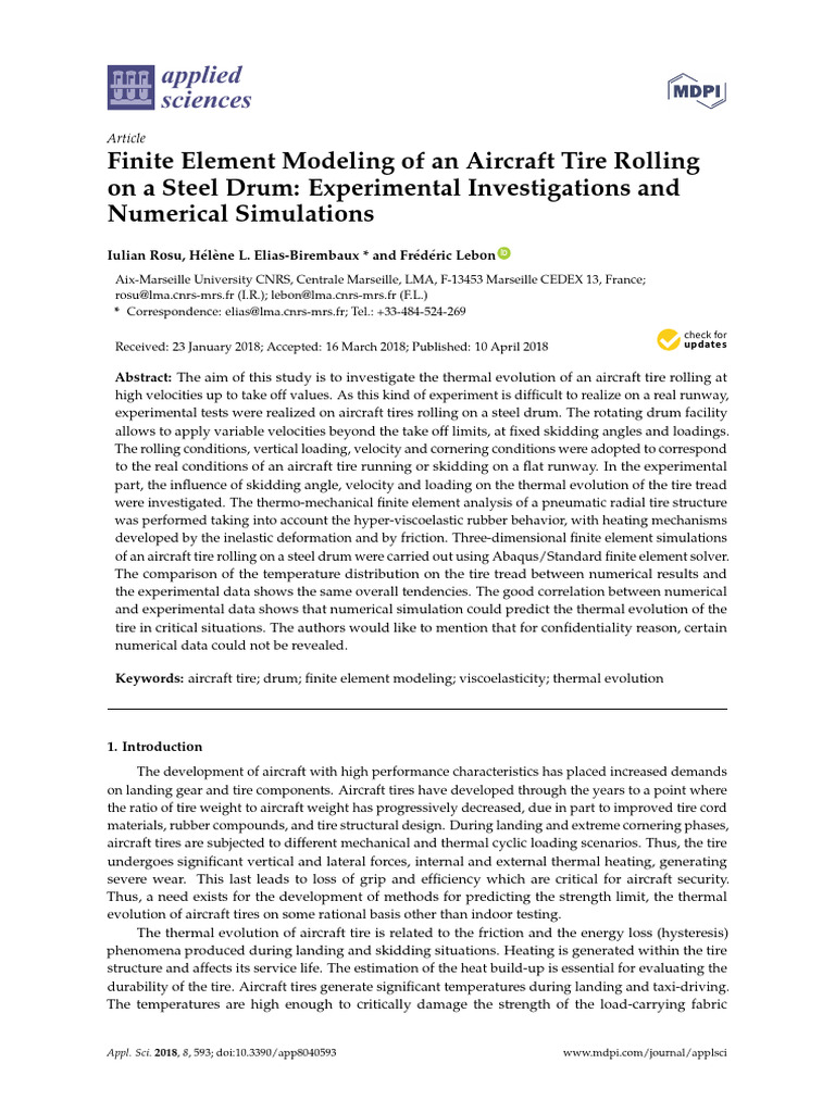 Rosu Et Al 2018 Paper FEM Aircraft Tire Rolling Steel Drum Experiments Simulations | PDF | Tire ...