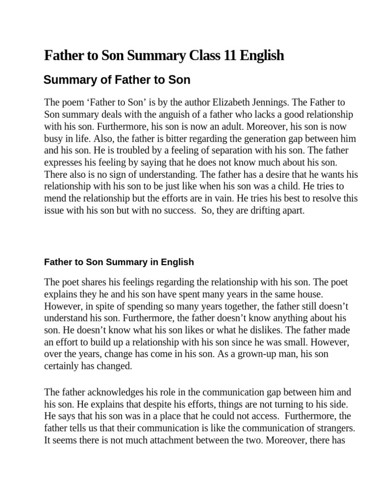 Father to Son: Class 11 Summary | PDF | Grief | Anger