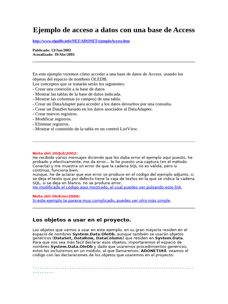 Ejemplo de Acceso A Datos Con Una Base de Access | PDF | Active X Data Objects | SQL