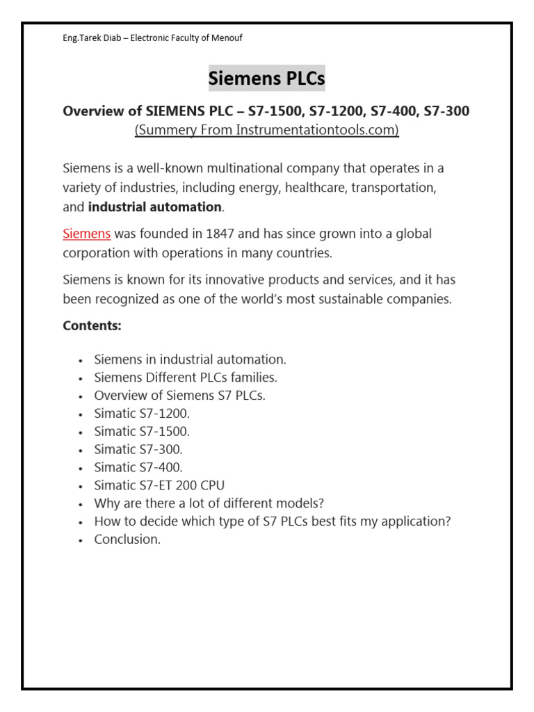 Overview of SIEMENS PLC - S7-1500, S7-1200, S7-400, S7-300 | PDF | Programmable Logic Controller ...