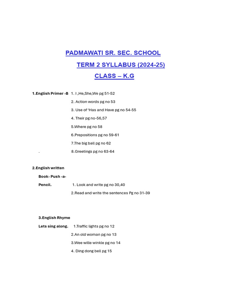 KG Term 2 Syllabus 2024-25 | PDF