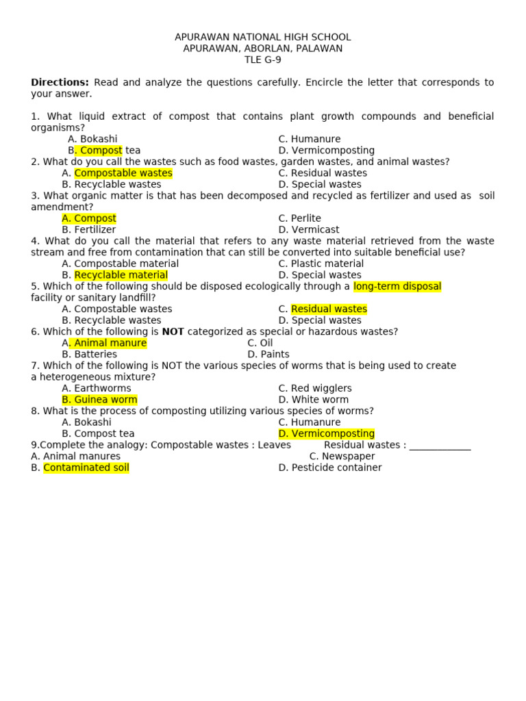 TLE 9 EXAM | PDF | Compost | Waste